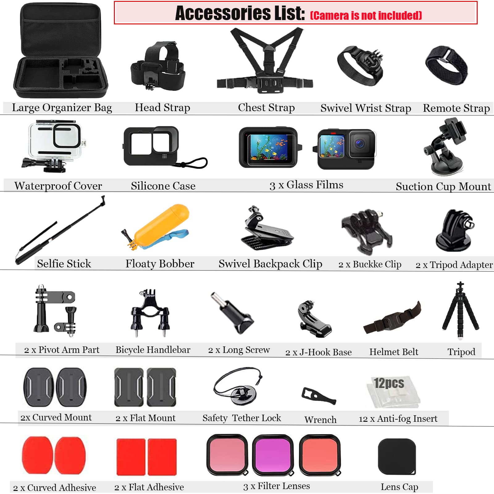 Pikioraz Accessories Kit for GoPro, Accessory Bundle Compatible with GoPro Hero 12 11 10 9, Black Action Camera Accessories for Hero
