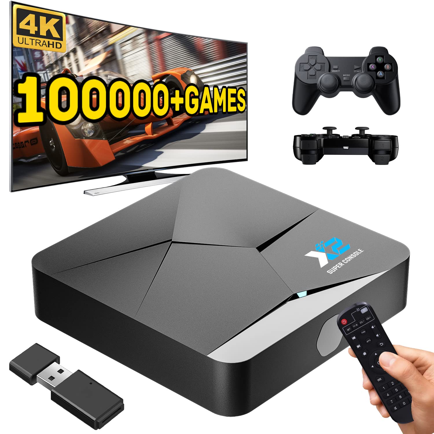 Retro Game Console Super Console X2 with 100,000+Games,Video Game Console with EmuElec 4.5&Android TV 9.0 System,Plug&Play 4K HD Emulator Console Compatible with Most Emulators,2.4+5G,BT 5.0 (256GB)