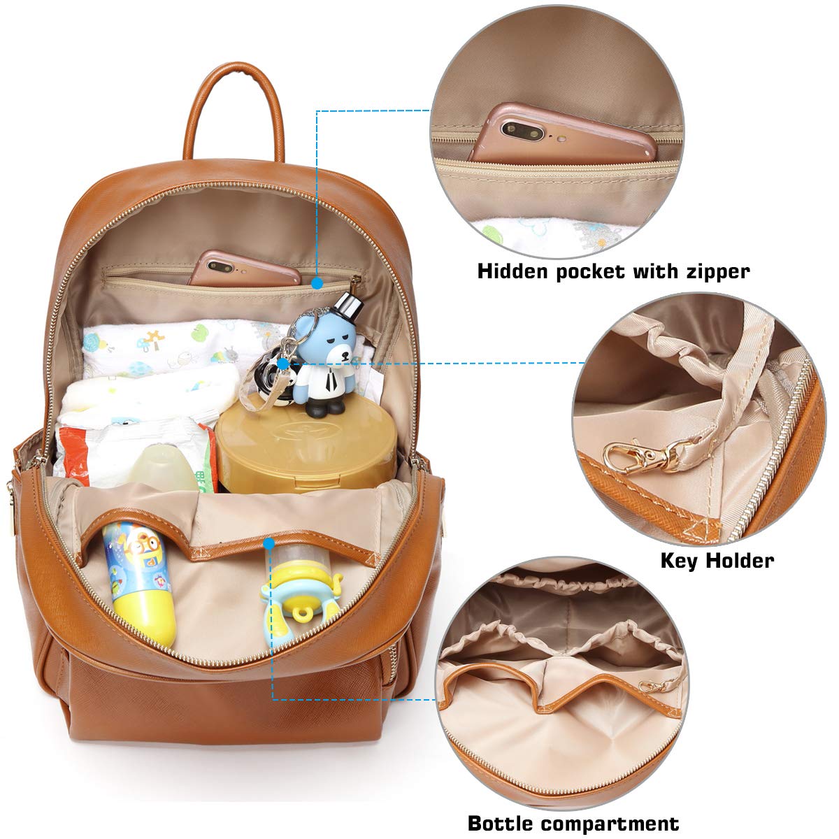 KZNI Leather Diaper Bag Backpack - Nappy Bag Baby Bags for Mom Unisex Maternity Diaper Bag with Stroller Hanger|Thermal Pockets|Adjustable Shoulder Straps|Water Proof| LargeCapacity(Brown)
