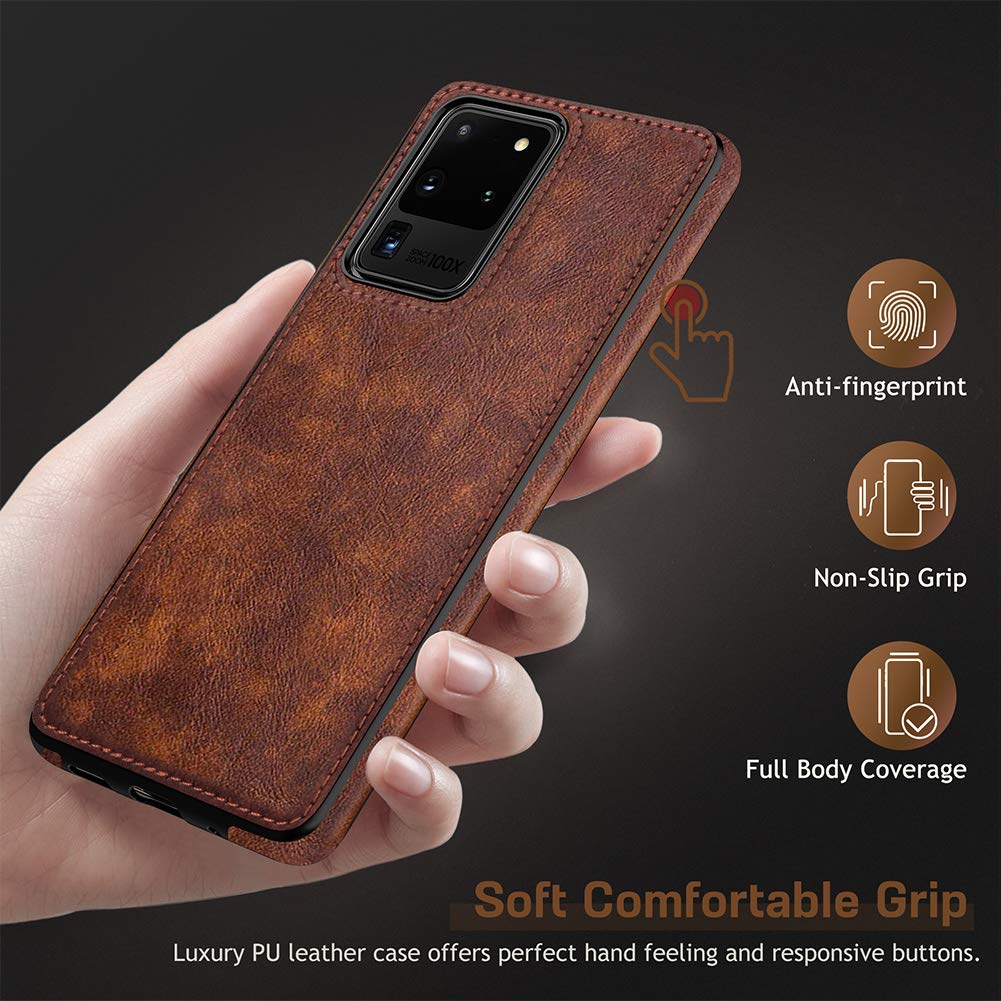 LOHASIC for Samsung Galaxy S20 Ultra Case, Premium Leather Luxury PU Non-Slip Grip Defender Bumper Shockproof Full Body Protective Cover Phone Cases for Galaxy S20 Ultra (2020) 6.9 inch - Brown
