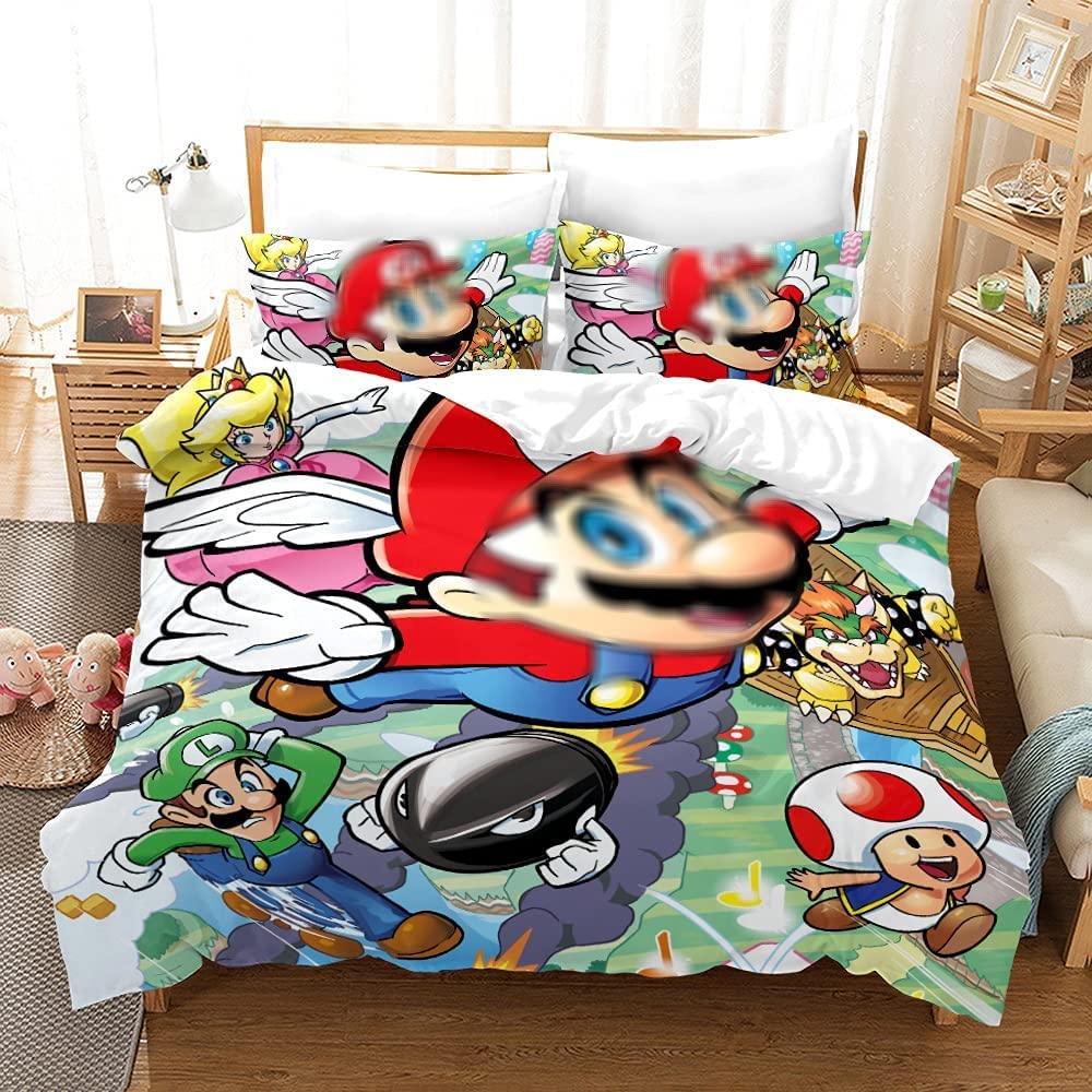 LARIAU Cartoon Duvet Cover,Game Characters Super Bros 3D Print Bedding King 3 Piece Sets for Kids Boys, Lightweight Soft Microfiber Quilt Set with Matching Pillowcase Ma1