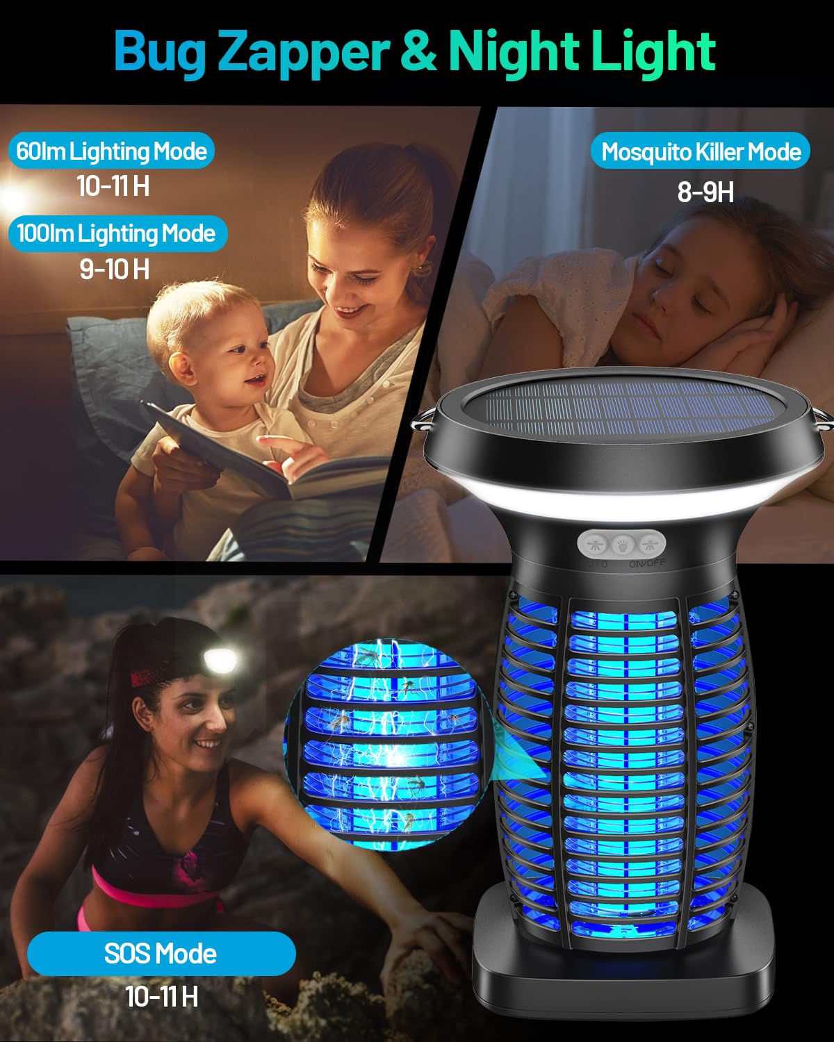 Solar Bug Zapper Outdoor, Mosquito Zapper Indoor Outdoor, Electric Fly Zapper with Camping Lantern, Waterproof Mosquito Traps, Cordless Mosquito Killer Lamp for Patio, Backyard, Home, Balcony