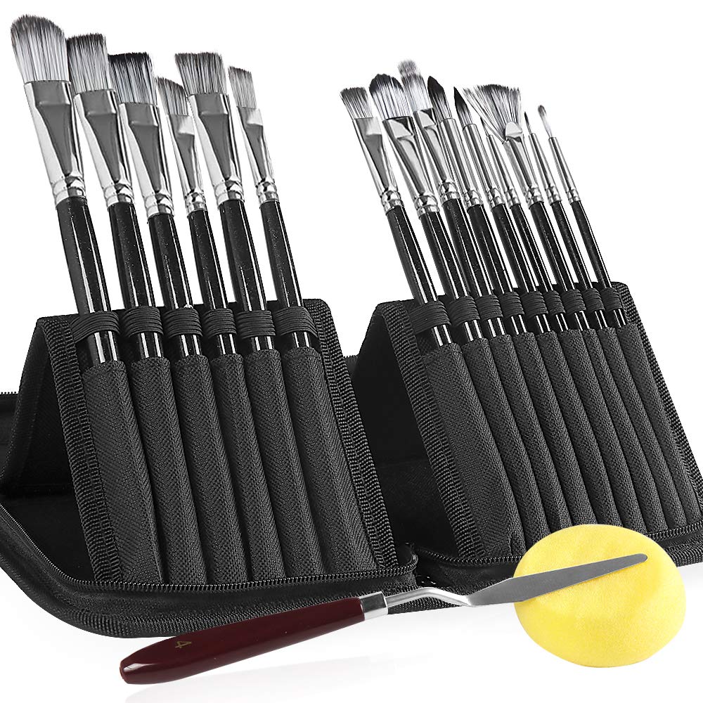 M JJYPET Paint Brush Set 17PCS for Acrylic Oil Watercolor Canvas Gouache Easter Painting Brushes for Child for Aduit (Black)