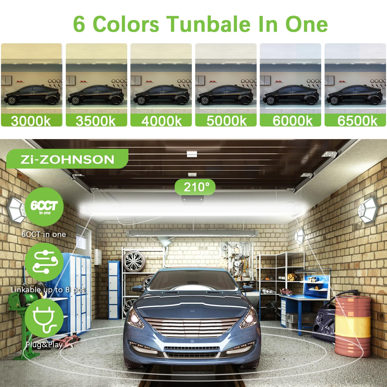 Zi-ZOHNSON 6 Pack 6CCT Tunable 4FT led Shop Lights for Workshop, 30W T8 Tube Light with 6CCT, 3000K/3500K/4000K/5000K/6000K/6500K Selectable, 130LM/W Milky Cover Linkable Shop Lights for Workshop