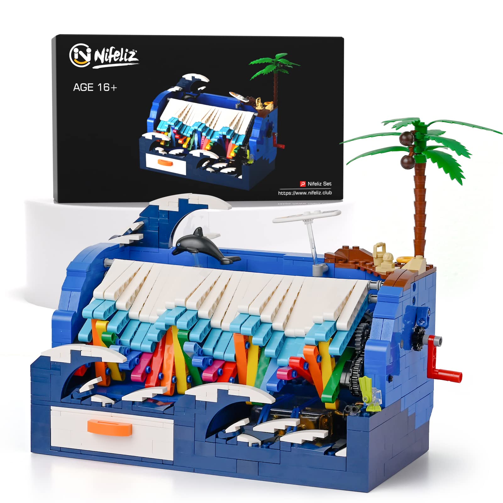 Nifeliz Surfing Music Box, Multicolor Sea View Model Toy, Displayable Building Set for Adults (818 Pieces)