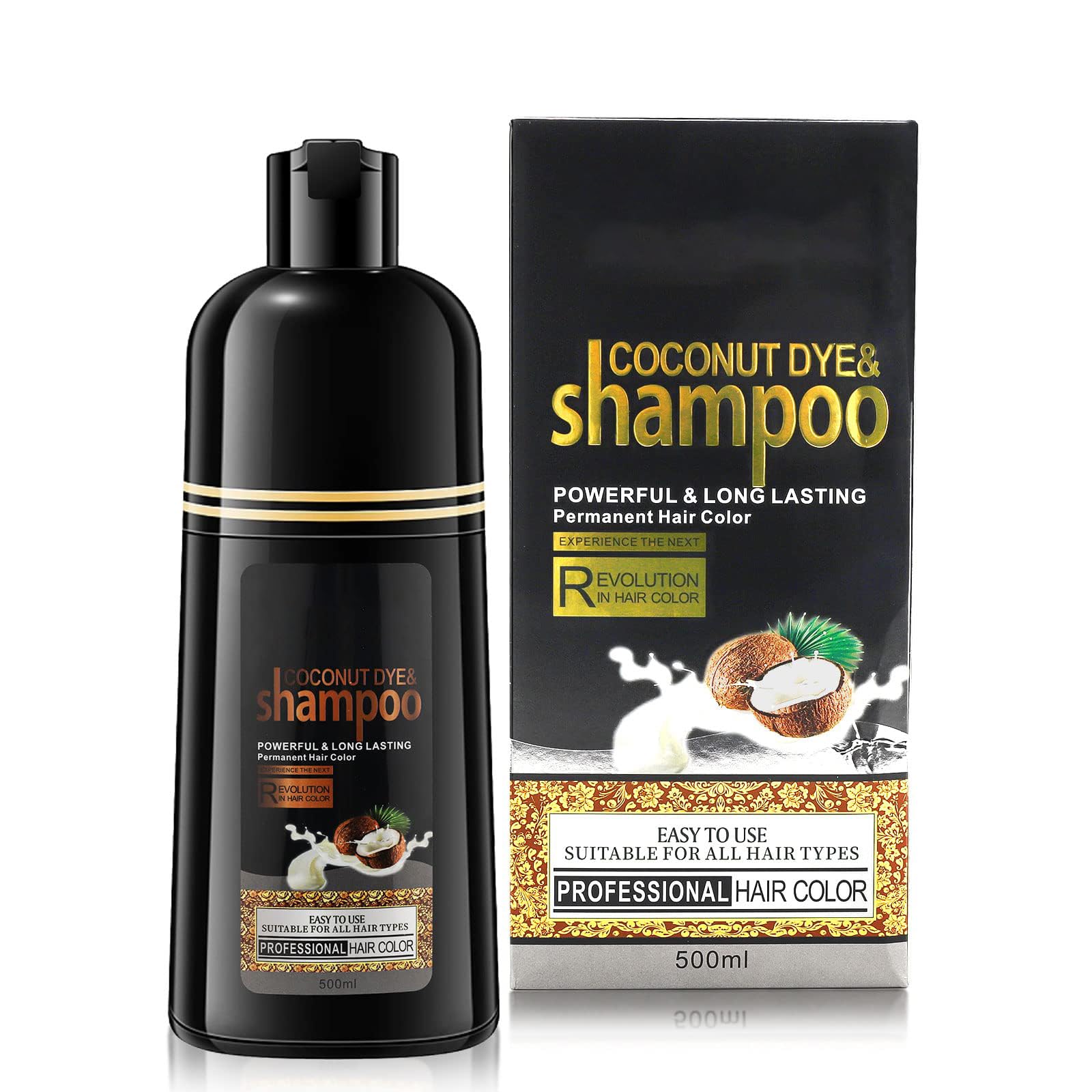 TENGLONG Shampoo, Coconut Black Hair Dye Shampoo, 500ml, Herbal Ingredients, Ammonia Free, 30 Days Lasting, 100% Grey Coverage for Women & Men