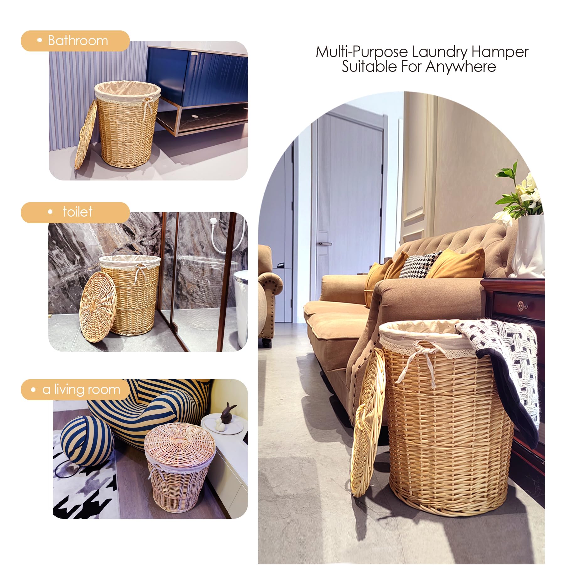 Winsterch Handwoven Laundry Hamper,Wicker Laundry Basket with Lid and Handles,Dirty Clothes Hamper Laundry Basket with Removable Liner Bag,Laundry Basket (Round)