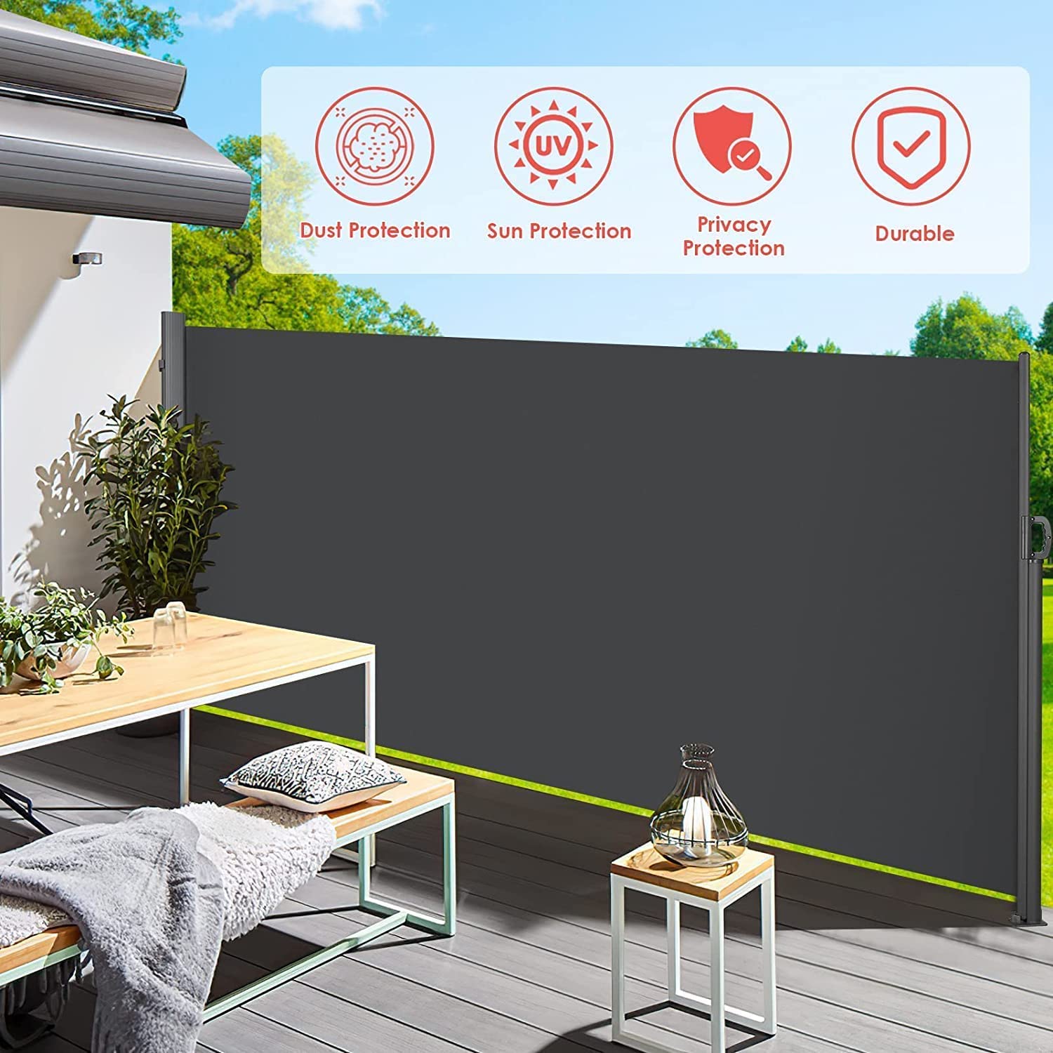 Retractable Side Screen Awning, UV Resistant, Waterproof, Patio Privacy Screen for Garden, Balcony, Courtyard(Dark Grey), 118.1" x 70.9"