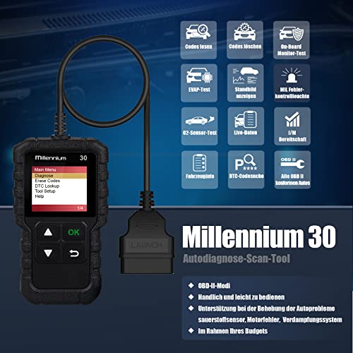 LAUNCH Millennium 30 OBD2 Scanner,Car Code Reader with Full OBD2 Functions,Check Engine Light Car Diagnostic Tool,O2 Sensor/EVAP System/Smog Test/Check I/M Readiness Car Scanner,Lifetime Free Update