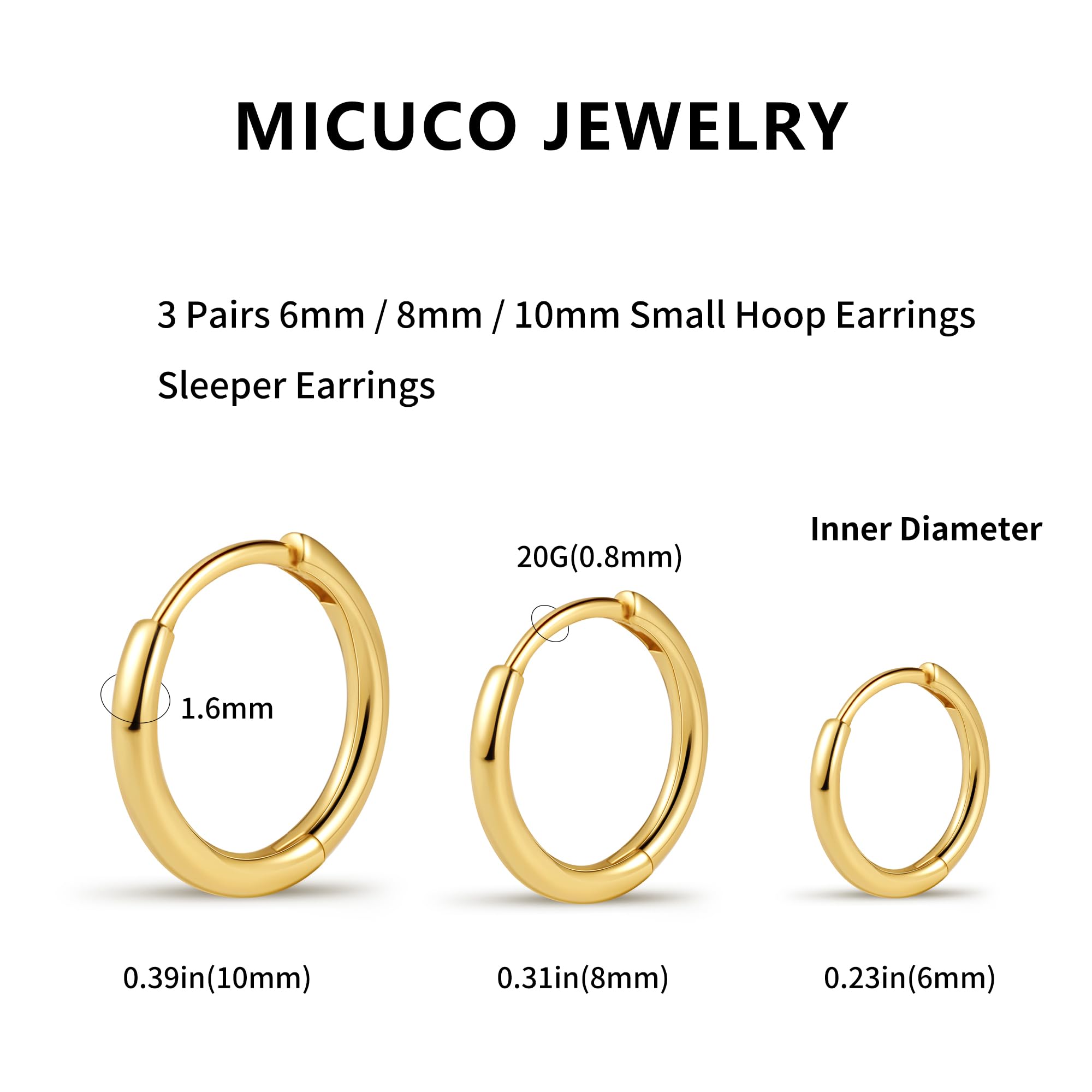 micuco Small Hoop Earrings for Women Tiny Cartilage Hoop Earrings for Men Helix Daith Tragus Ear Hugging Hoop Earrings 14K Gold Plated 6mm 8mm 10mm