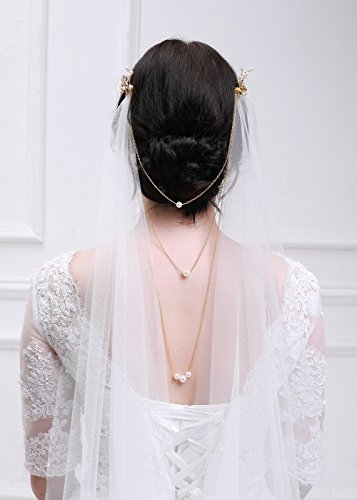 Kercisbeauty 3M Soft Tulle Sheer Cathedral Wedding Lace Veil Single Layer Drop with Gold Flower Comb Multi Layer Pearl Chain for Bride Bridal Headpiece Hair Dress(White)