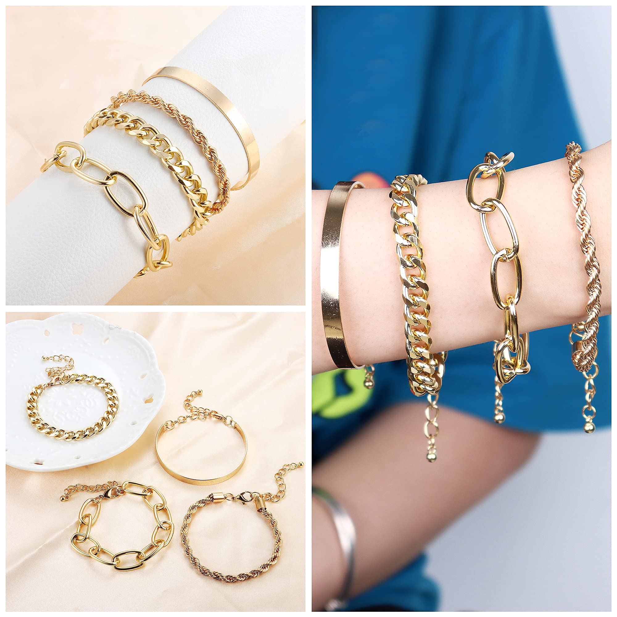 Magitaco 30 PCS (6 PACK) Boho Gold Chain Bracelets Set for Women Multiple Layered Stackable Open Cuff Wrap Bangle Adjustable Fashion Paperclip Link Italian Cuban Jewelry for Women Gift