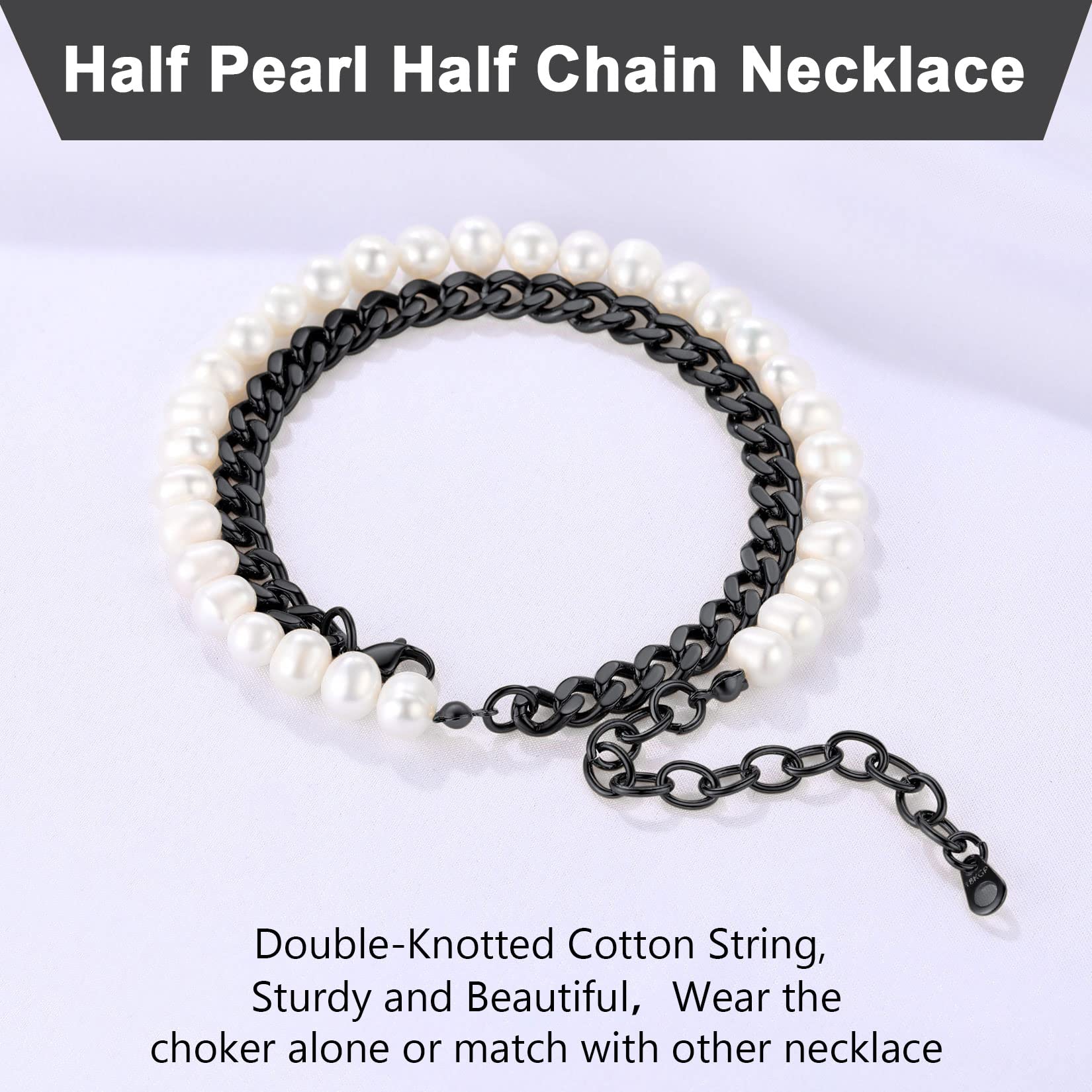 Men's Pearl Necklace Women Half Pearl Half Metal Link Chain Black Cuban Chain Pearls Stands Choker 17"