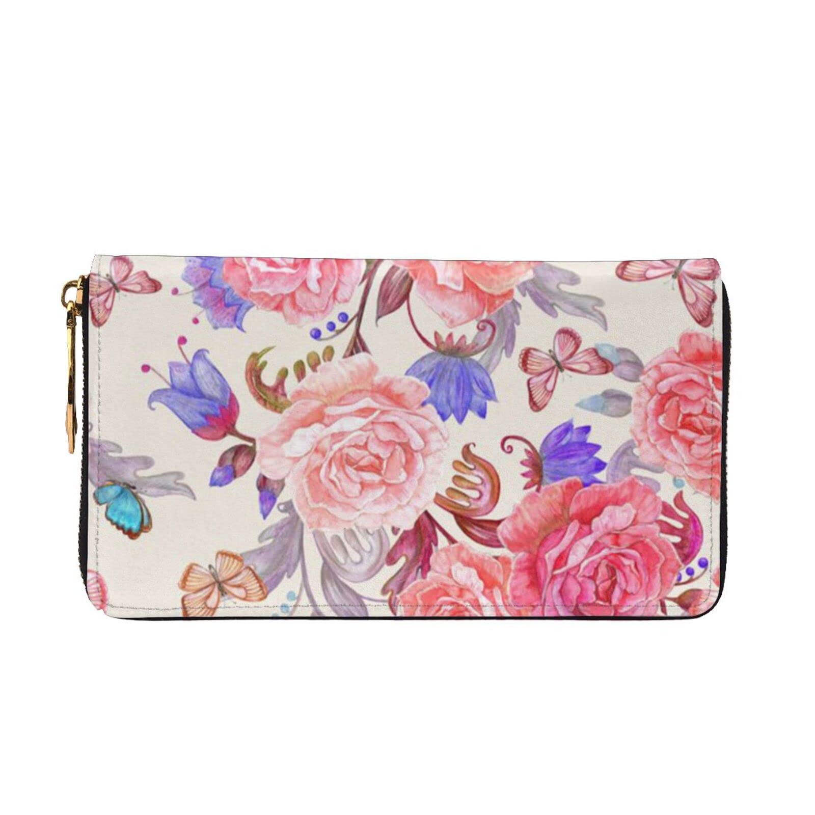 Red Roses Leather Wallets for Women Mens Long Zipper Slim Wallets Checkbook Cover Clutch Coin Purse with 12 Card Slots