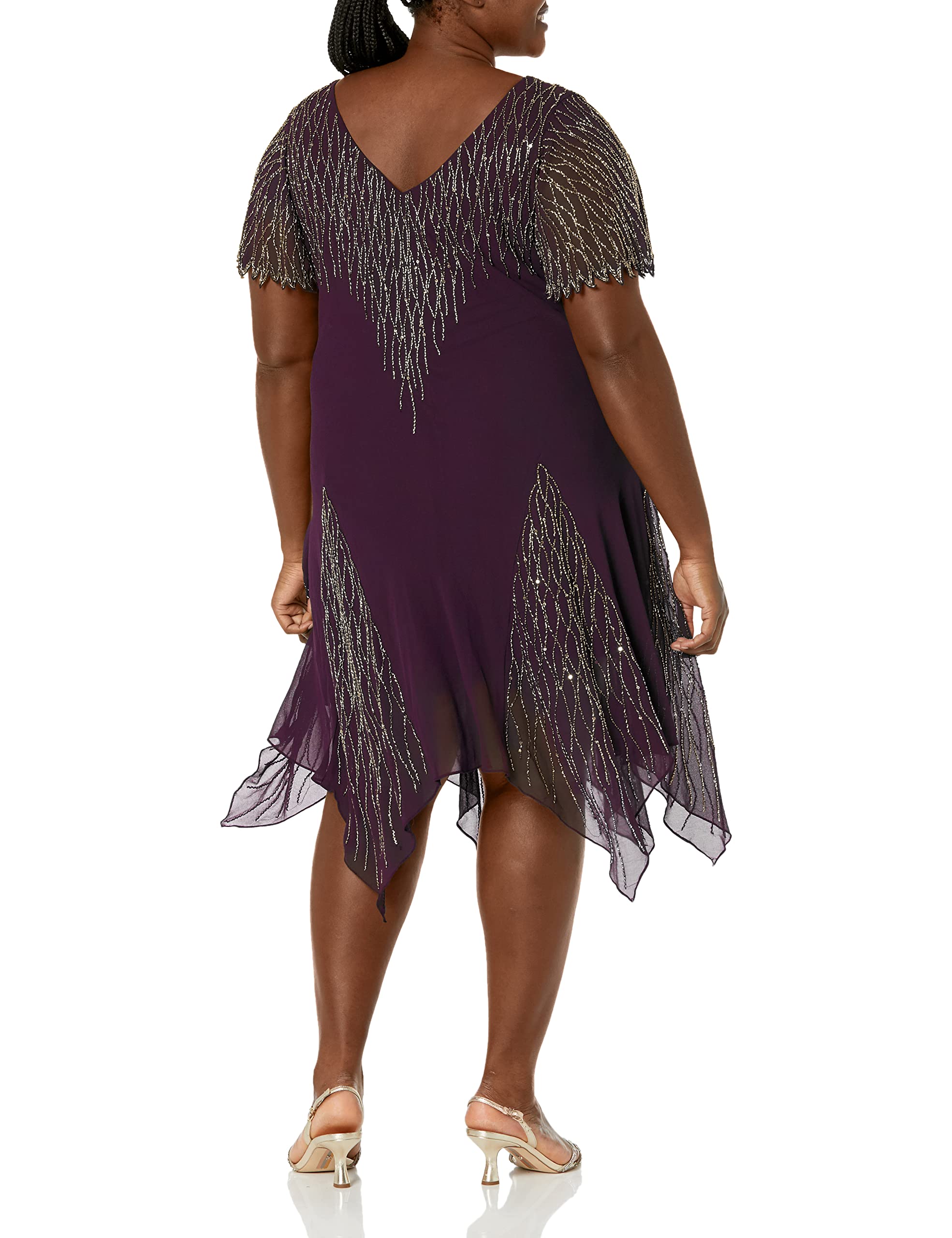 J Kara Women's Plus Size Short Beaded Godet Dress, Wine/Mercury, 20W