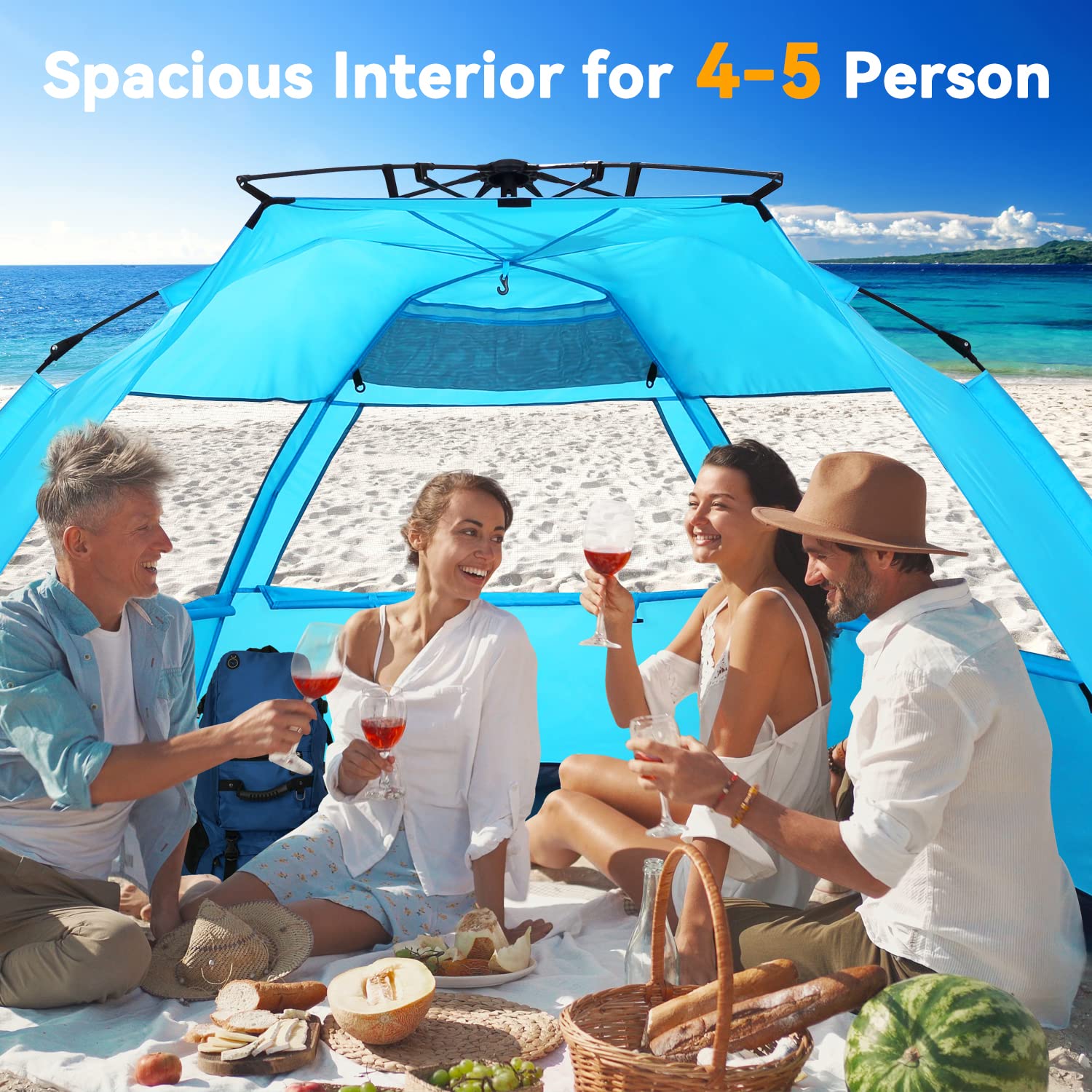 KO-ON Pop Up Beach Tent for 4 Person, Easy Setup and Portable Beach Shade Sun Shelter Canopy with UPF 50+ UV Protection, Extendable Floor with 3 Ventilating Windows Plus Carrying Bag