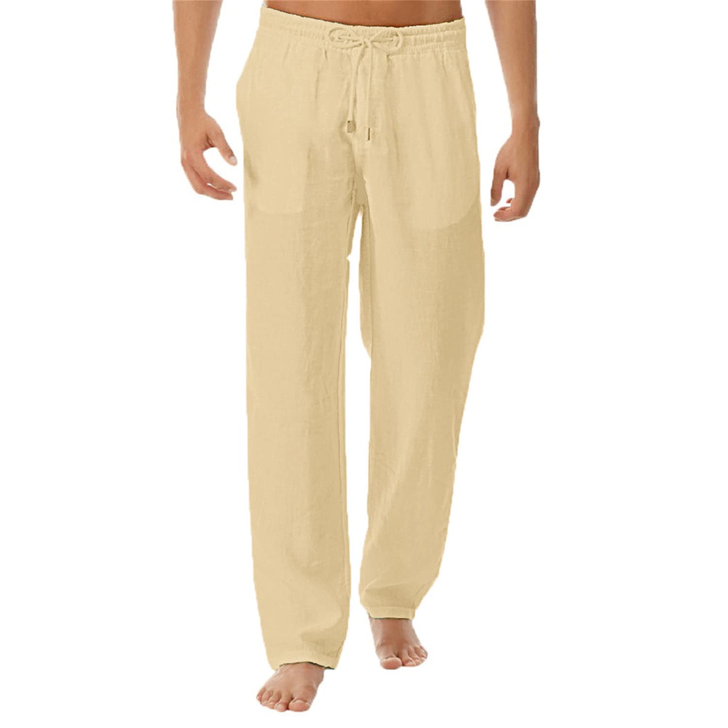 Men's Linen Drawstring Lightweight Pants Loose Fit Casual Jogger Beach Trousers Elastic Waist Comfy Yoga Summer Slacks (Khaki,XX-Large)