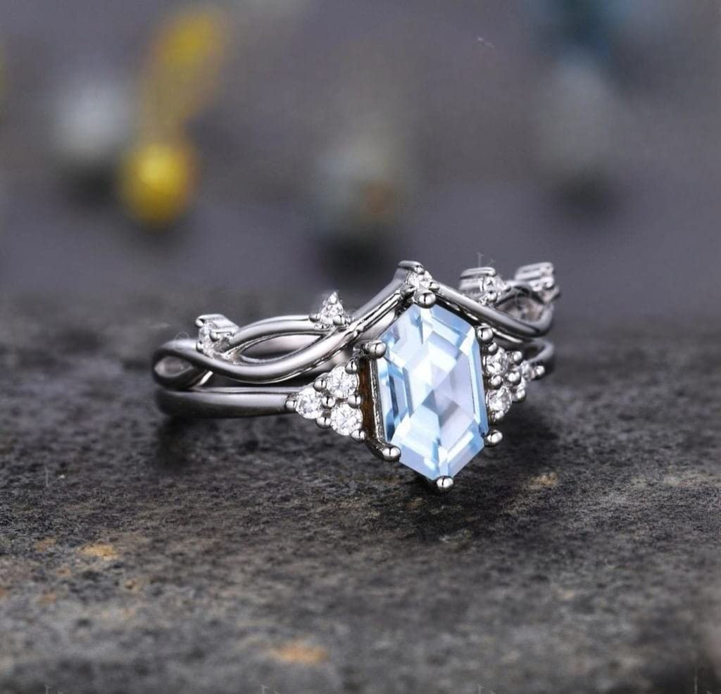 Retro hexagon Aquamarine Ring,Vintage Sterling Silver Ring Set,Unique Aquamarine Engagement Ring,Promise Ring,Anniversary Ring Gift For Her (ROSE GOLD, 6)