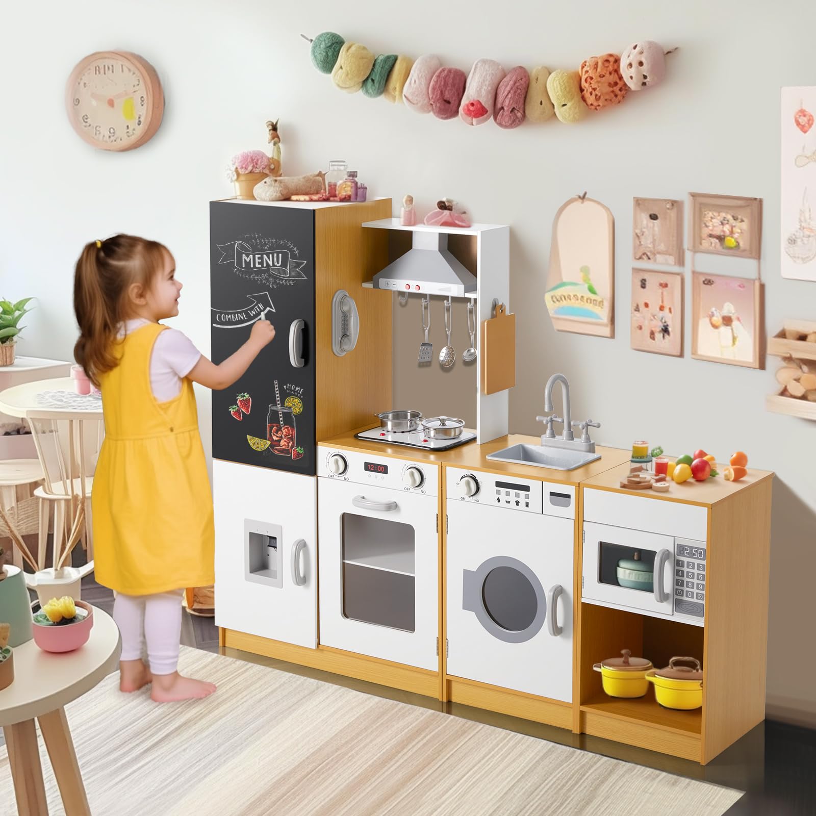 JOYLDIAS Kids Play Kitchen Set, Wooden Free Combination & Movable Pretend Toddler Kitchen Toy with Real Sound and Light, Ice Maker, Oven,Washer,Blackboard and Cookware Accessories for Age 3+ Toddlers