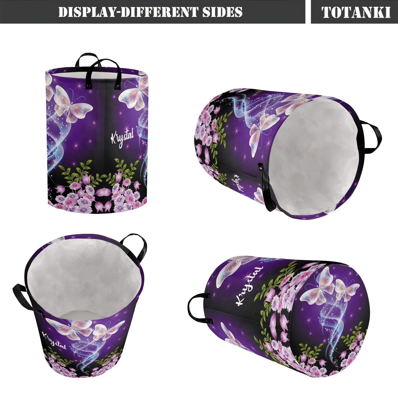 Personalized Custom Fantasy Butterfly Pretty Collapsible Large Sized Clothes Hamper with Knitting Handles for Baby Girls Boys Kids Nursery Clothes Things
