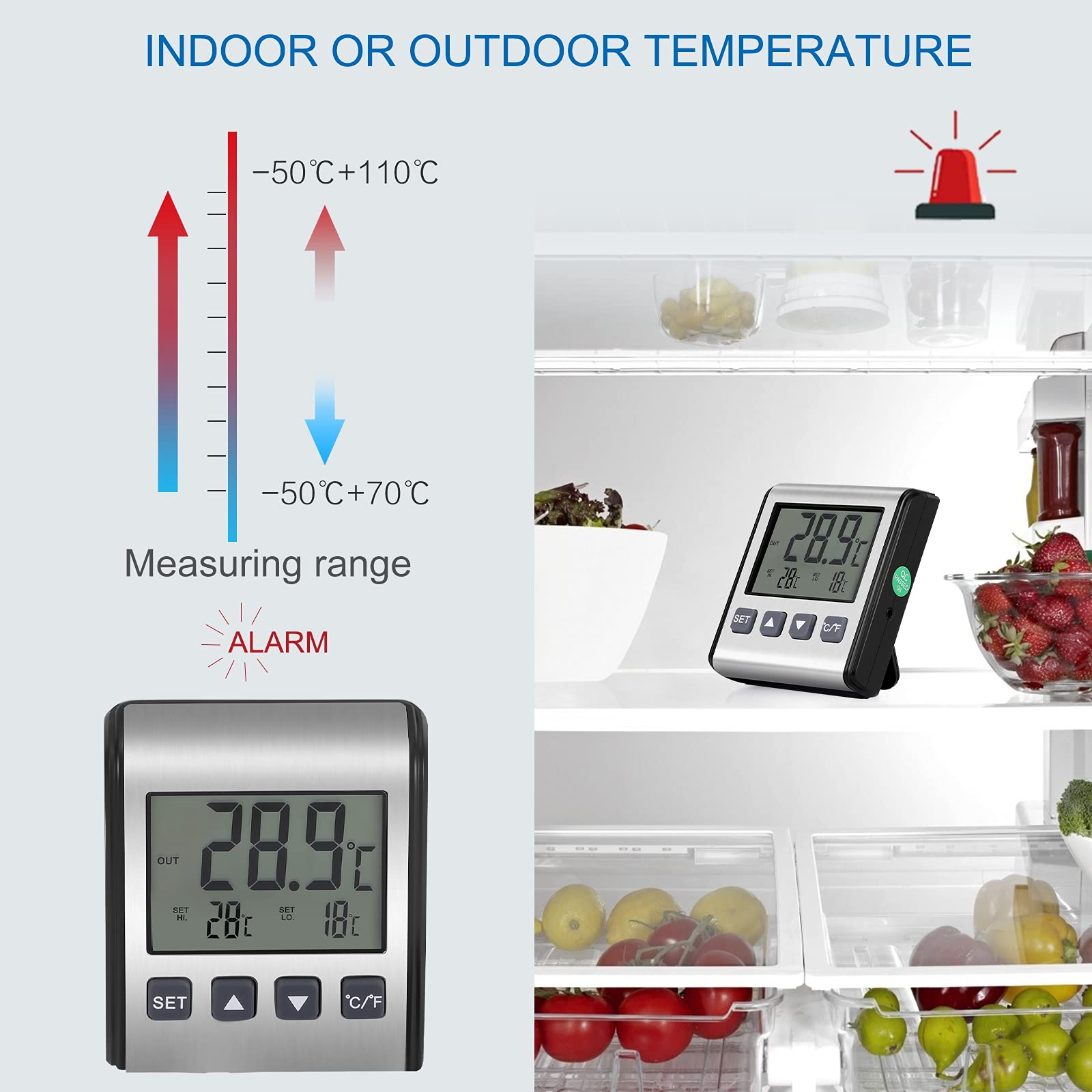 Refrigerator Thermometer,frdge Thermometer,Freezer Thermometer, Extra Sensor,Big LCD,Stainless Panel