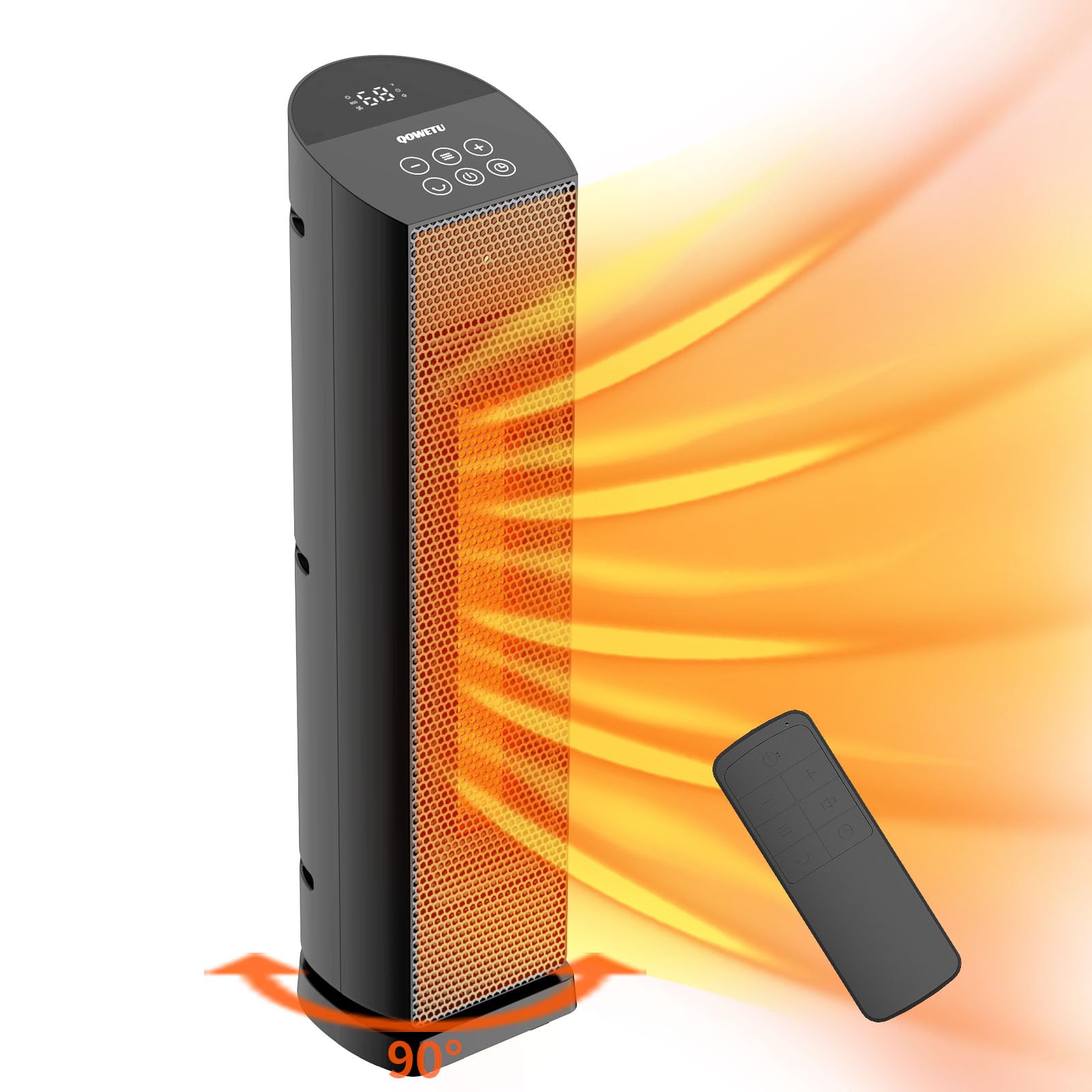 QOWETU Space Heater for Indoor Use with Remote - 90° Oscillating Tower Electric Heater, 24 Inchs, 12H Timer, 1500W Quiet PTC Ceramic Heating with Thermostat, Fast Safety Heat for Office, Home, Bedroom