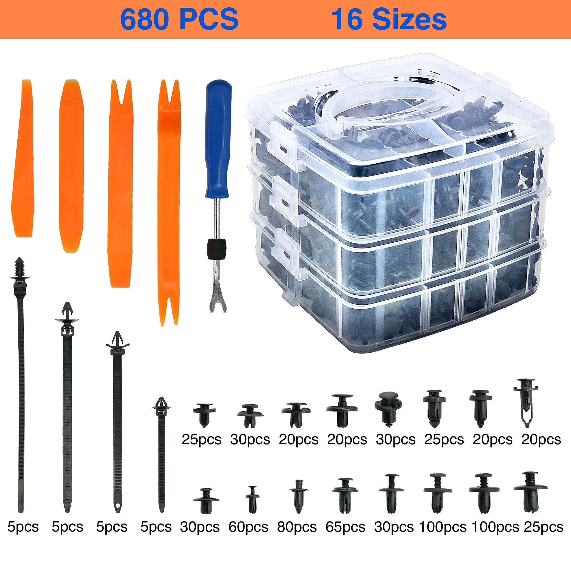 Kurala 680 PCS Car Push Retainer Clips Assortment 16 Most Popular Sizes Nylon Bumper Push Fasteners Rivet Clips Replacement Kit