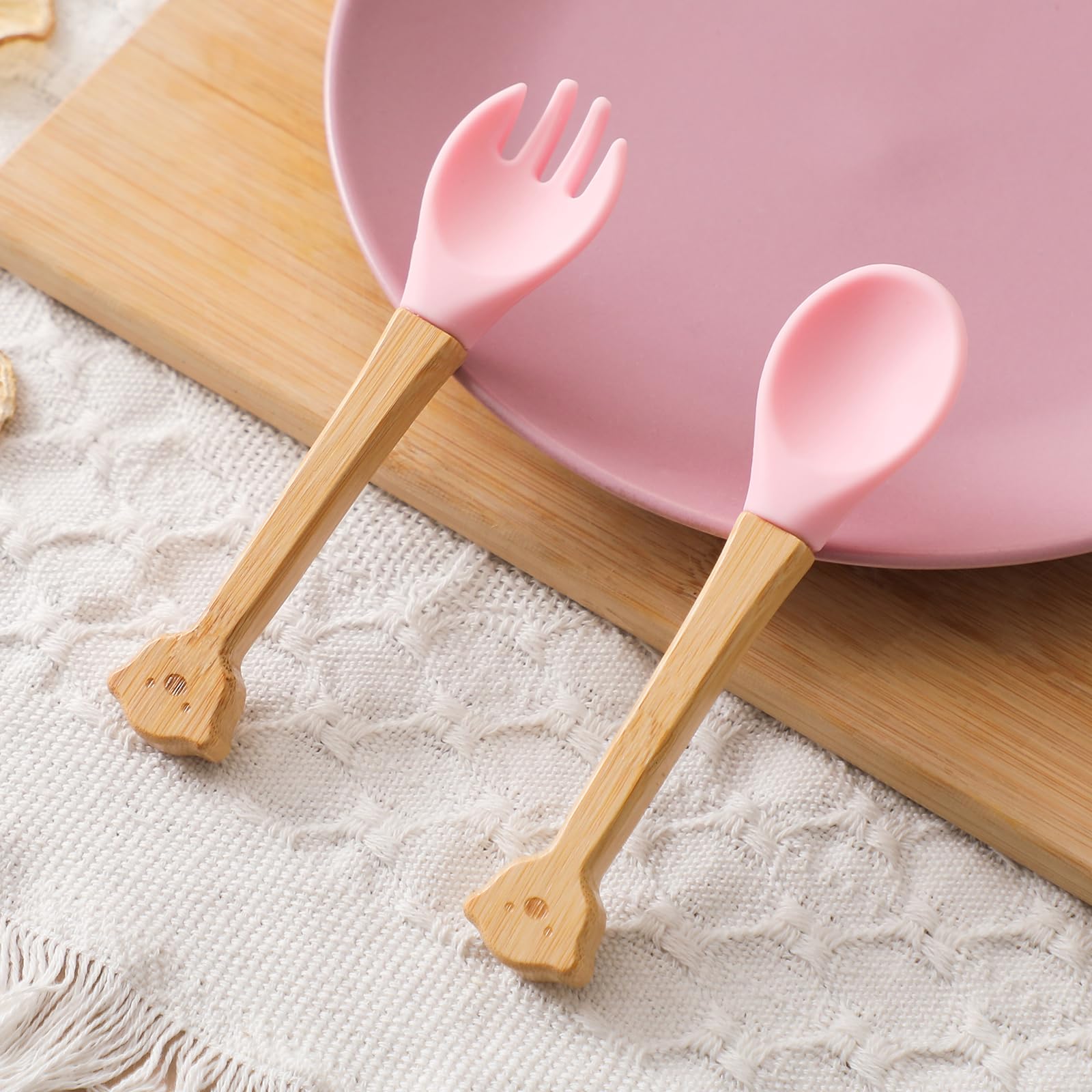 Mamimami Home Baby Feeding Spoon, Bamboo Wood and Silicone Baby Fork and Spoon - Soft Curved Silicone Tip Spoons - Suitable for Baby and Toddlers Forked Spoone (Pink Bear)