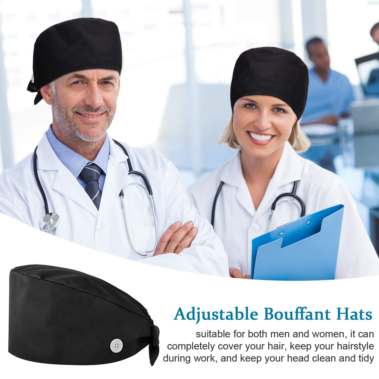 SATINIOR 4 Pieces Adjustable Bouffant Hats Button Sweatband Cap Tie Back Hats for Women Men (Navy Blue)