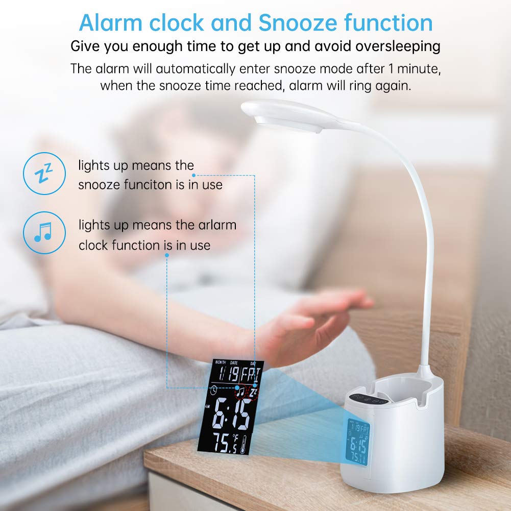 KKUYI LED Desk Lamp with Pencil Holder, Kids Desk Lamp with Clock, 3 Brightness Boys Lamp with Organizer Dimmable Table Lamp for Teens, Rechargeable Study Lamp for Home and Office