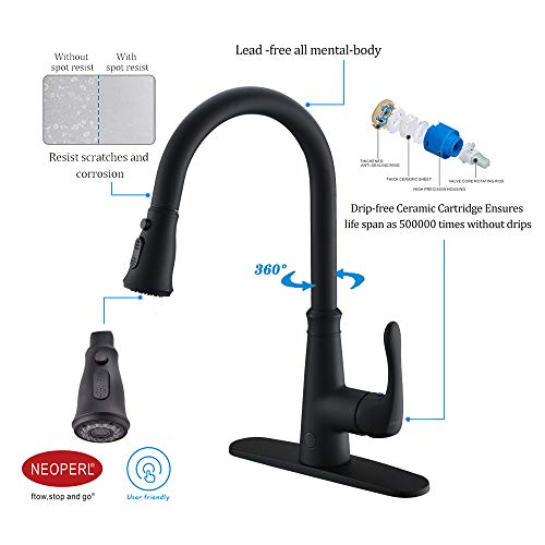 Touchless Kitchen Faucet with PullDown Sprayer,20 Single Kitchen Sink Faucets Black Pull Out Sprayer,High Arc Pulldown Single Handle for Motion Sensor,1handle 3 Hole Deck Mount,Black (Black)