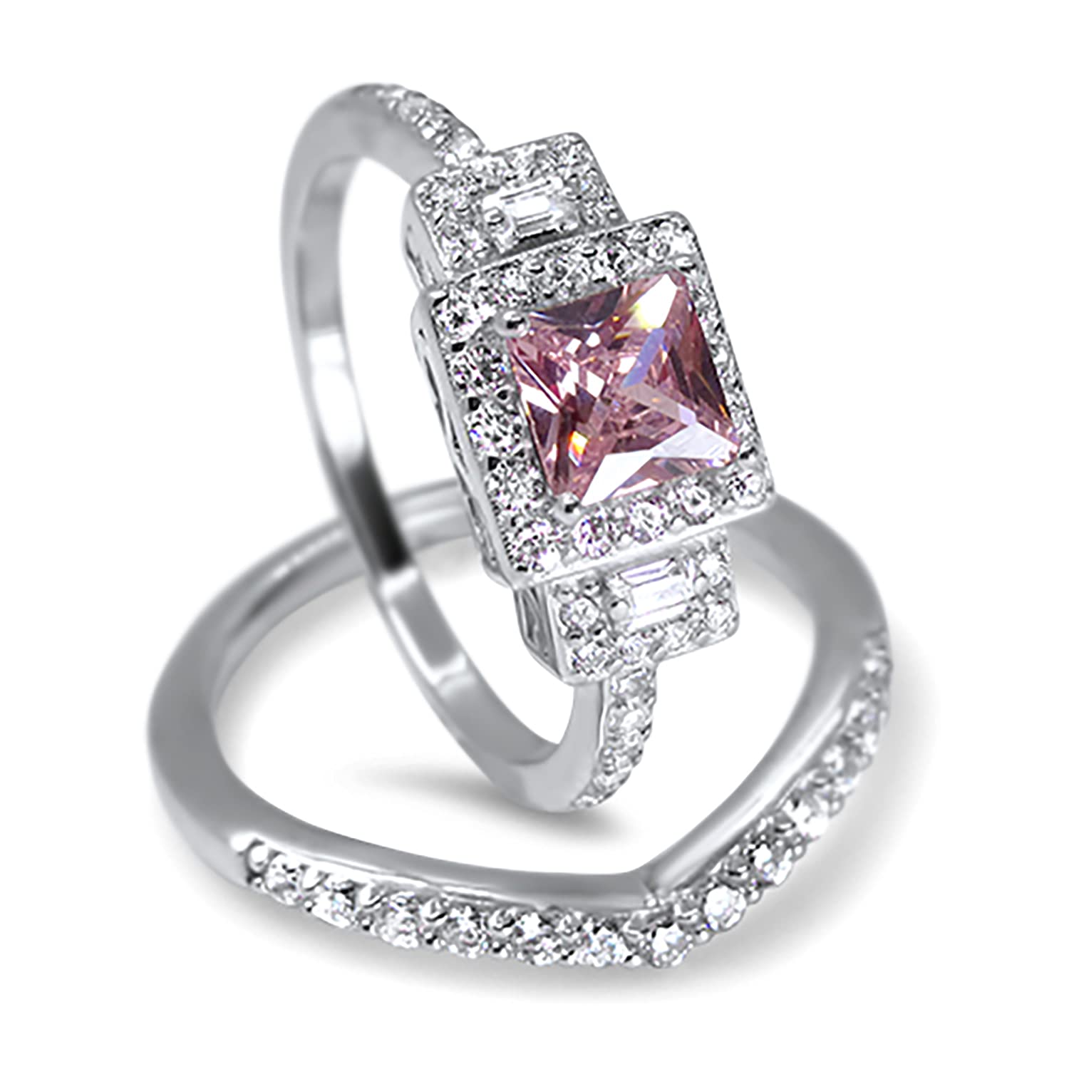 Pink CZ Wedding Ring Set for Women, Simulated Topaz Bridal Engagement Ring Set in Sterling Silver Size 10