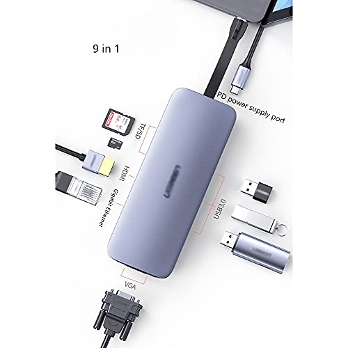 SOEN Hub Dock Adapter 9 in 1 USB C Hub Adapter USB-C Splitter with 4K HDMI, 1080P VGA,100W PD, 3 USB 3.0 Ports,SD/TF Card Reader, Ethernet Computer Accessories