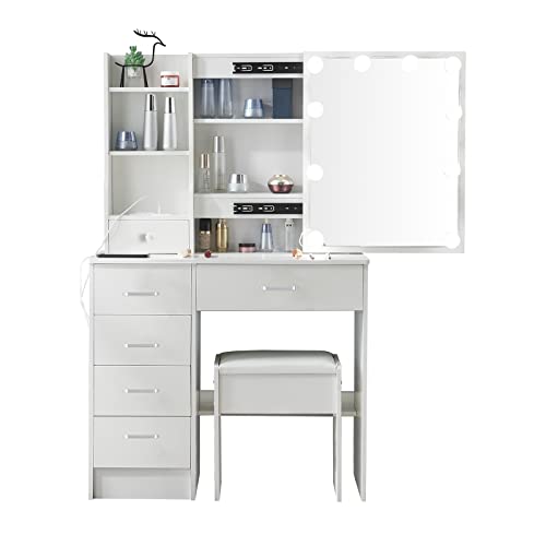 Kkonetoy Makeup Vanity with Ligths and Charging Station, Vanity Desk with LED Lighted Mirror, Vanity Dressing Table Set with 5 Drawers & Cushioned Stool, White Modern Dresser for Bedroom
