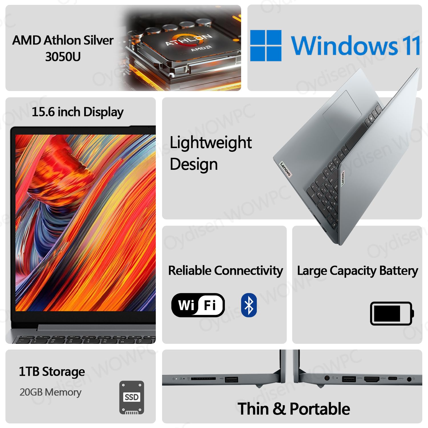 Lenovo 15.6" IdeaPad 1 Laptop, 1TB SSD Storage, 20GB Memory, AMD Athlon Silver Processor, 15.6" HD Display, Wi-Fi 6 & Bluetooth 5.1, SD Card Reader, HDMI, Windows 11 Home(Renewed)
