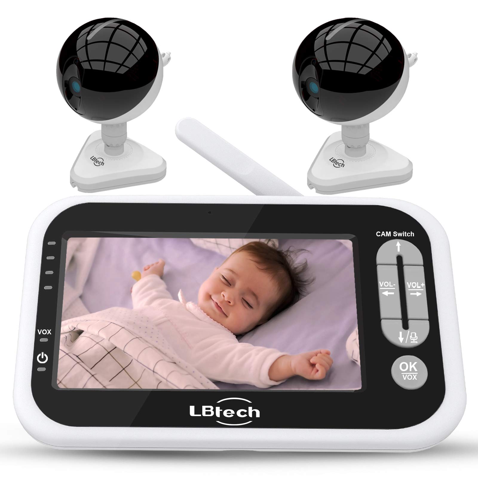 LBtech Video Baby Monitor with 2 Cameras and 4.3 inches Large LCD Screen,Automatic Night Vision,Two-Way Talkback/Audio,Temperature Detection,Power Saving/Vox,Zoom in Lens,Support Multi Camera