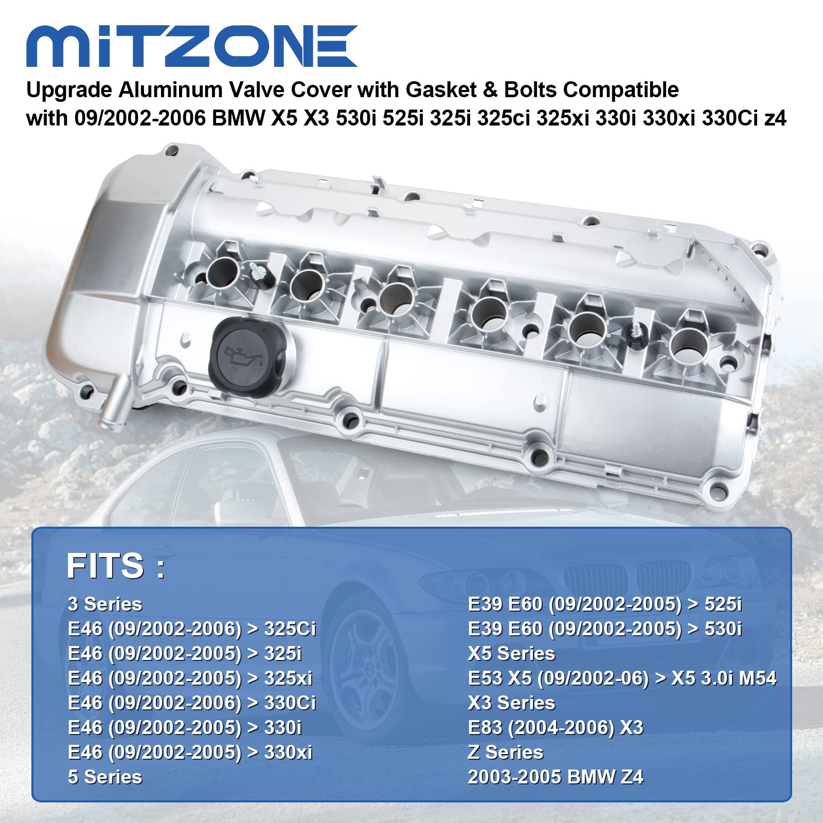 MITZONE Upgrade Aluminum Valve Cover kit Compatible with 2002-2006 BMW X5 X3 530i 525i 325i 325ci 325xi 330i 330xi 330Ci z4 Replace 11127512839