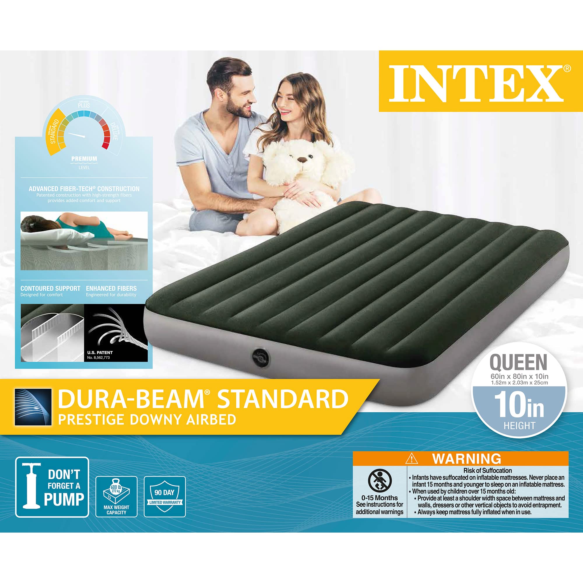 Intex 64109E Dura-Beam Standard Prestige Air Mattress: Fiber-Tech – Queen Size – 10in Bed Height – 600lb Weight Capacity – Pump Sold Separately