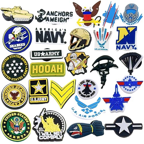 Yagulro 27PCS Army Shoe Charms Navy and Tanks Charms for Men and Women American Adults Bracelet Accessories Sandals Shoe Decoration Cute Shoes Pins for Boy Girl