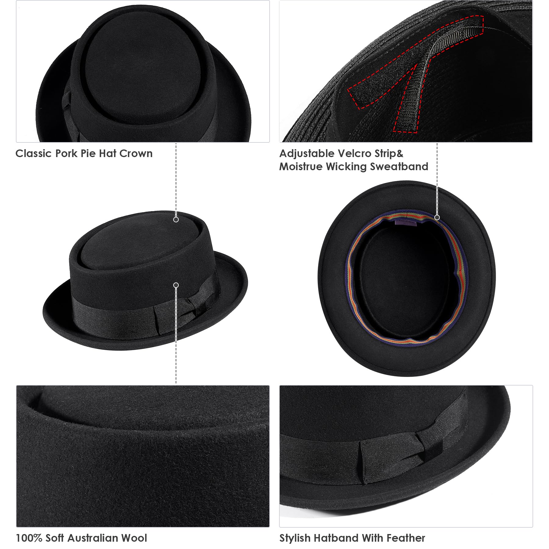 Men's Women Crushable Pork Pie Fedora Hats 100% Wool Felt Porkpie Hats equiped a Grosgrain Ribbon with a Bow