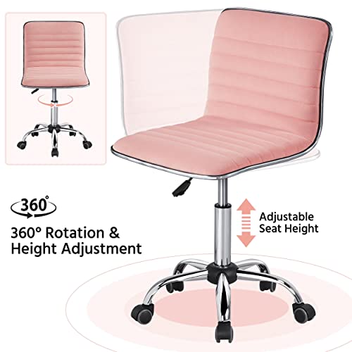 Yaheetech 2PCS Low Back Velvet Chairs Swivel Armless Desk Chair Ribbed Task Chair w/Lumbar Support, Wheels Apricot Pink