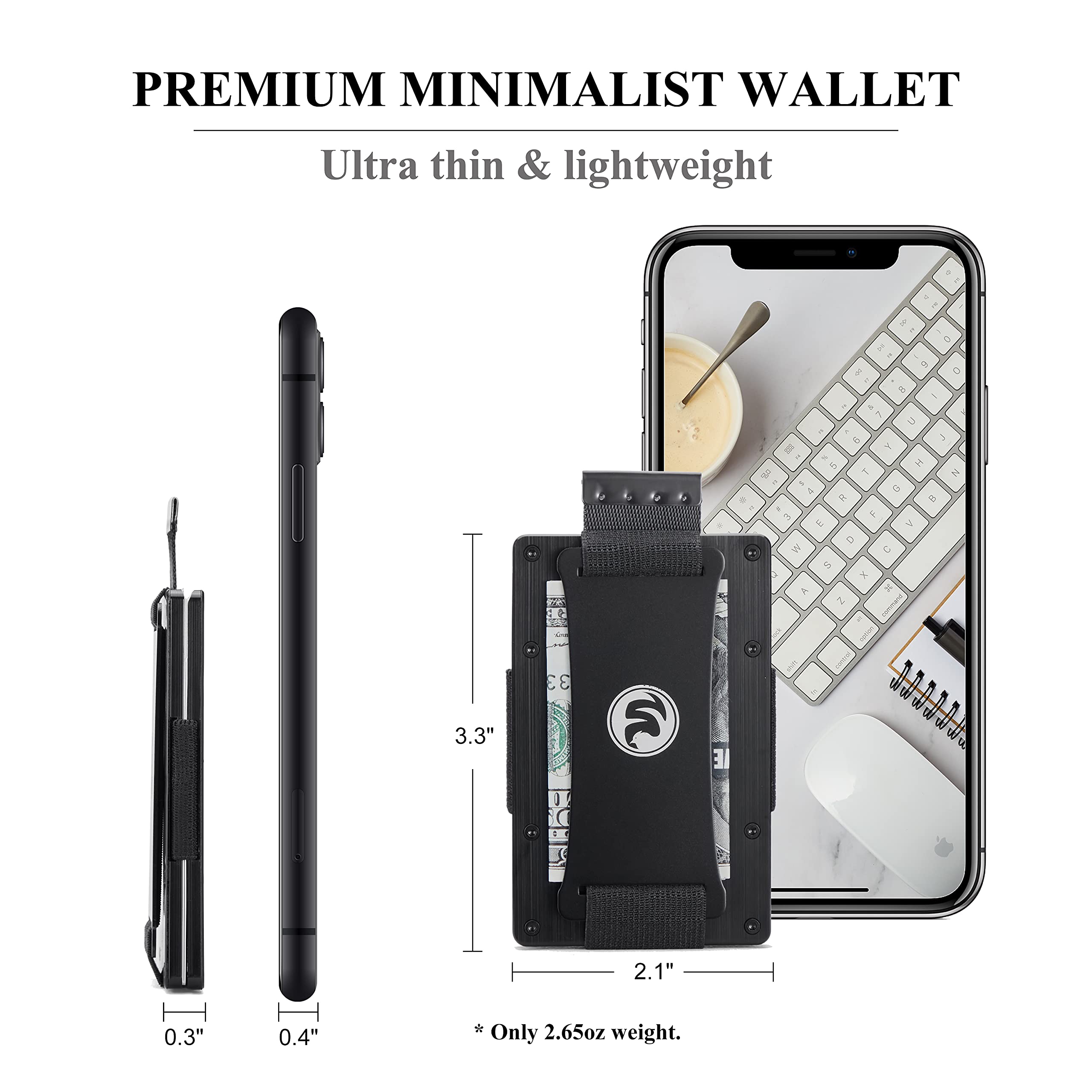 Minimalist Wallet for Men | RFID Blocking Aluminum Metal Wallet with Cash Strap | Front Pocket EDC Wallet | Carbon Fiber Card Holder Money Case | Slim Tactical Pull Wallet