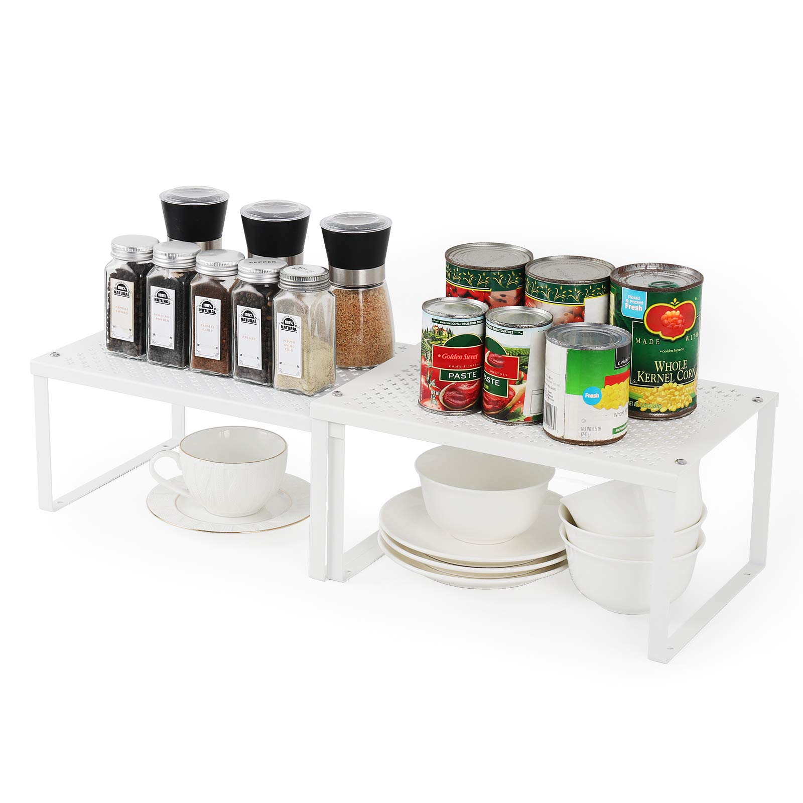 MOOACE Cabinet Shelf Organizers Set of 4, Kitchen Cabinet and Counter Shelves, Kitchen Storage Shelves Expandable Stackable, White