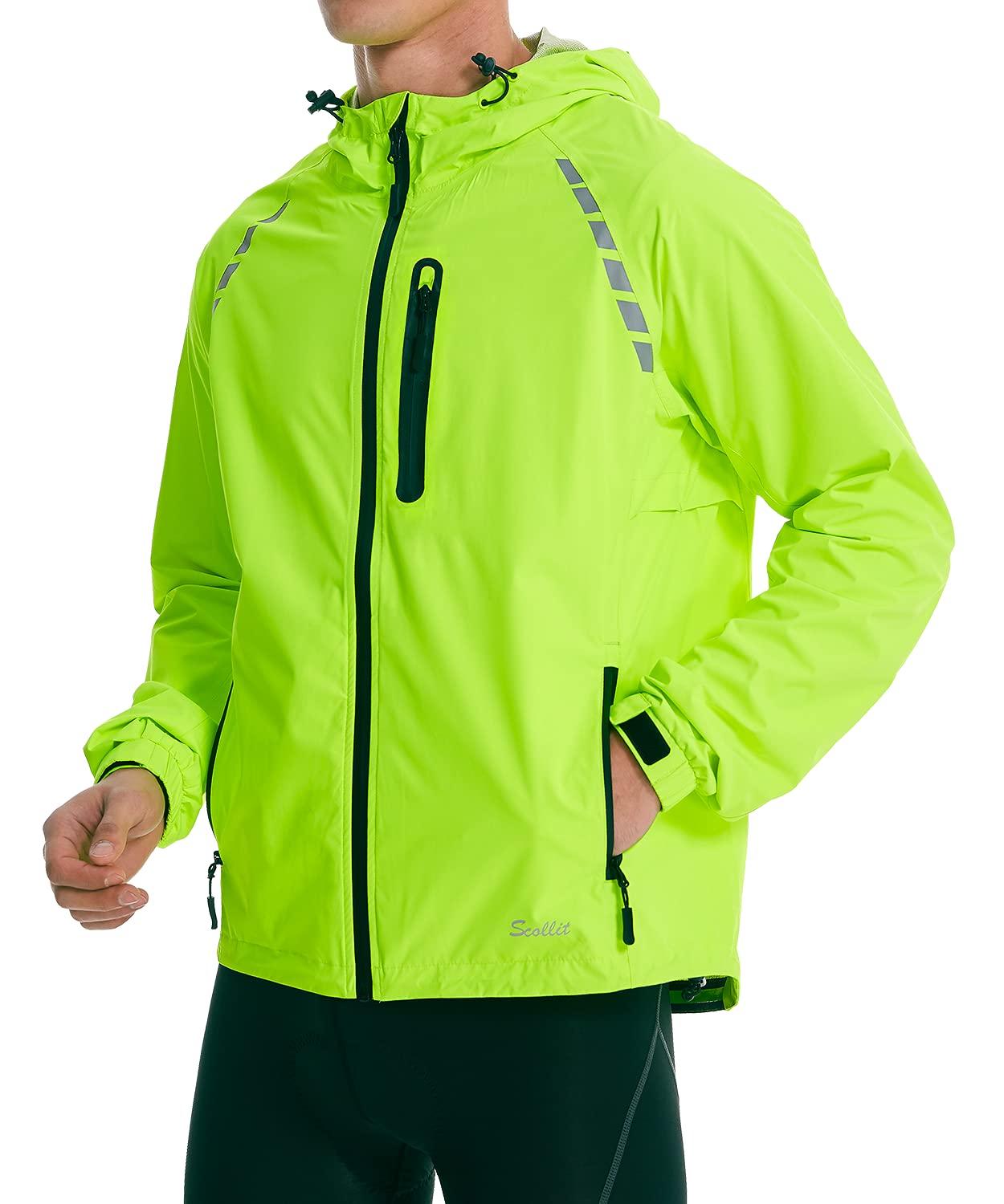 Men’s Cycling Running Jackets Waterproof Windbreaker Lightweight Hooded Packable High Visibility Bike Biking Bicycle Breathable Rain Jacket Reflective Windproof Raincoat Fluorescent Yellow XXL