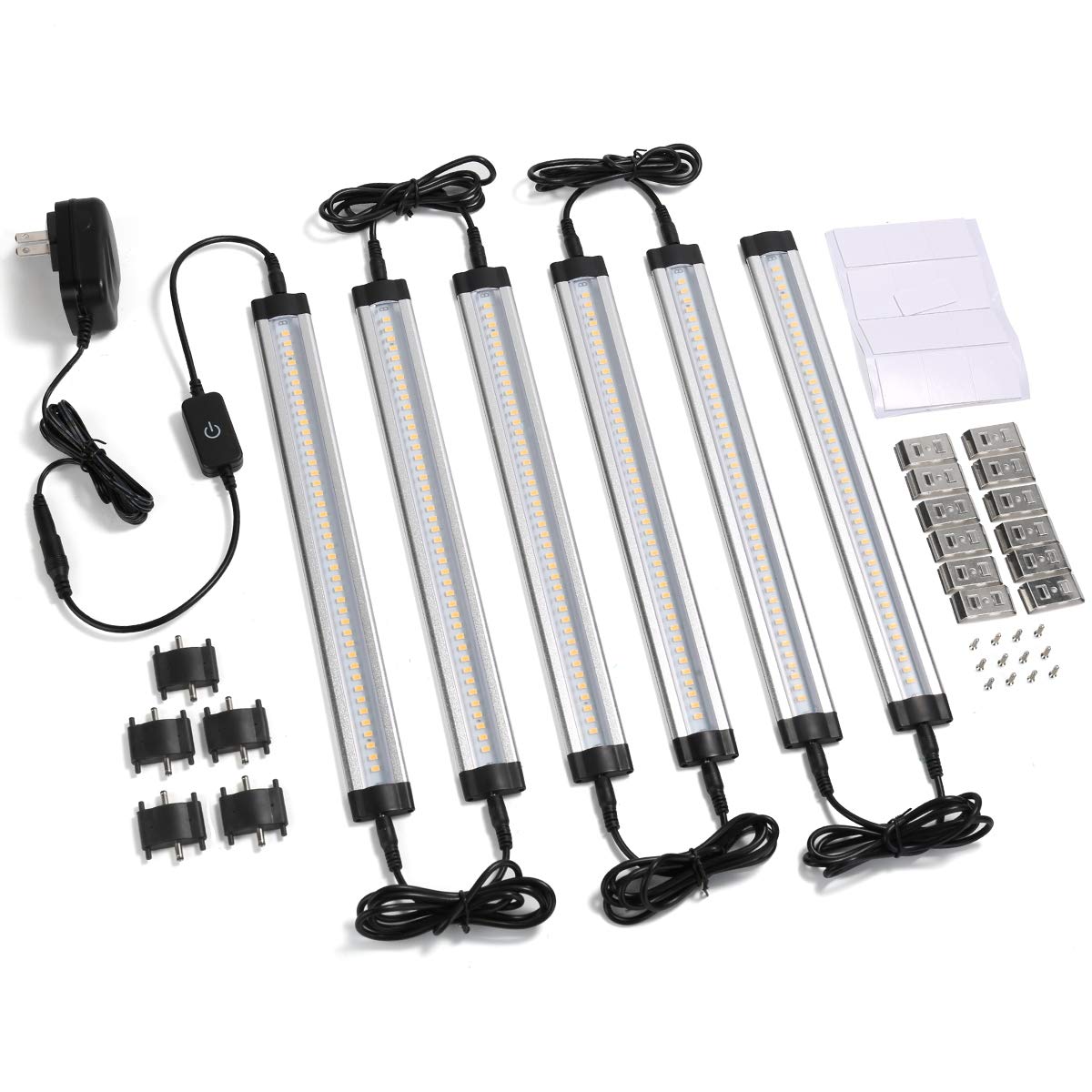 LE LED Under Cabinet Lighting Plug in Kitchen Under Counter Lights, Linkable Touch Dimmable 6 pcs 12 inches Light Bars, 24W 1800lm 3000K Warm White 12V Undermount Lighting for Cupboard, Shelf, Closet