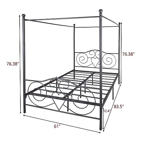 TMEOSK Queen Size Metal Canopy Platform Bed Frame with European Headboard & Footboard, Sturdy Steel Under-Bed Storage Space, No Box Spring Needed for Boys Girls Teens Adults, Four-Poster Canopied Bed