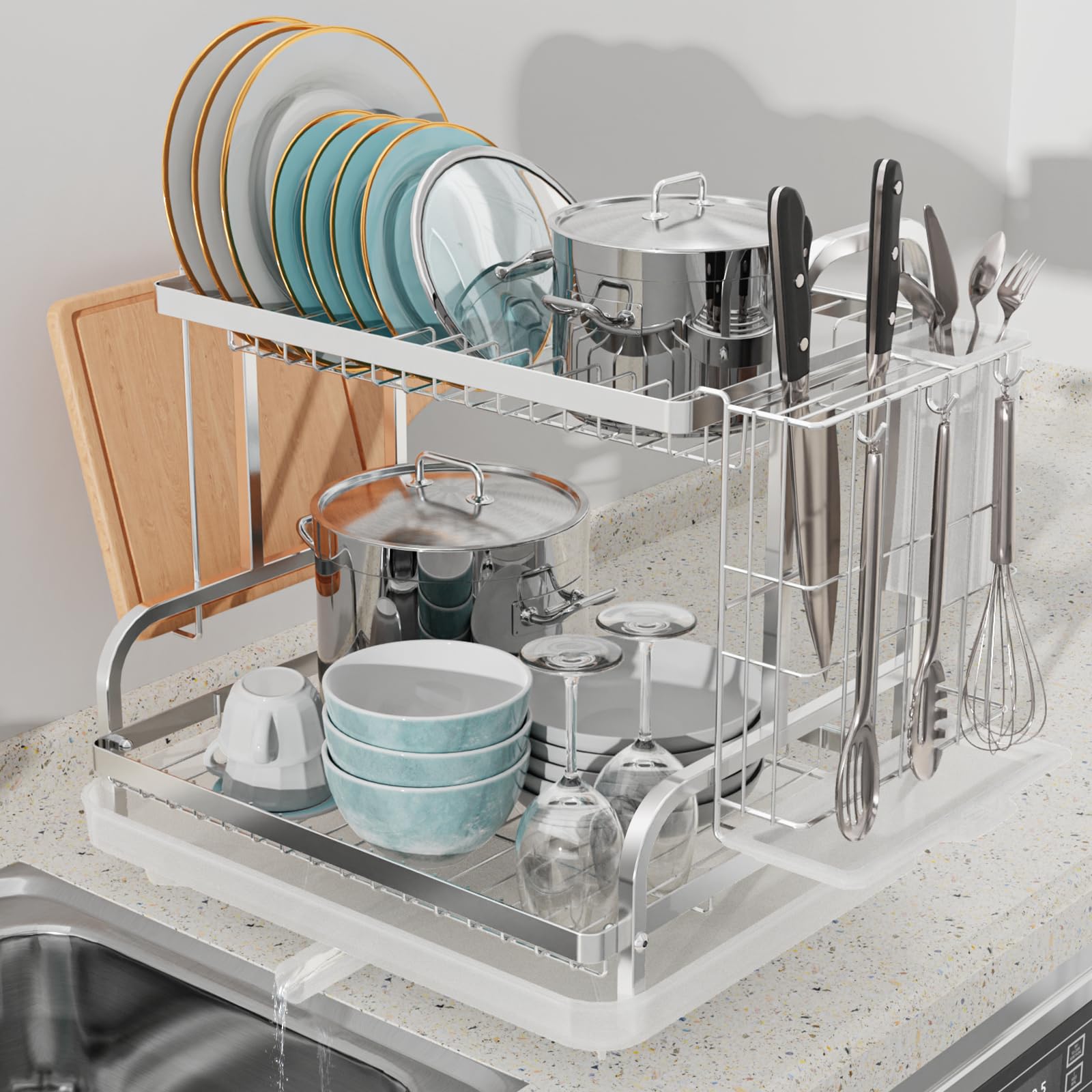 Sakugi Dish Drying Rack for Countertop - Rustproof Dish Rack, Space-Saving & Multipurpose Drying Rack for Kitchen Counter with Utensil Holder, Large-Capacity 2-Tier Dish Drying Rack, Silver