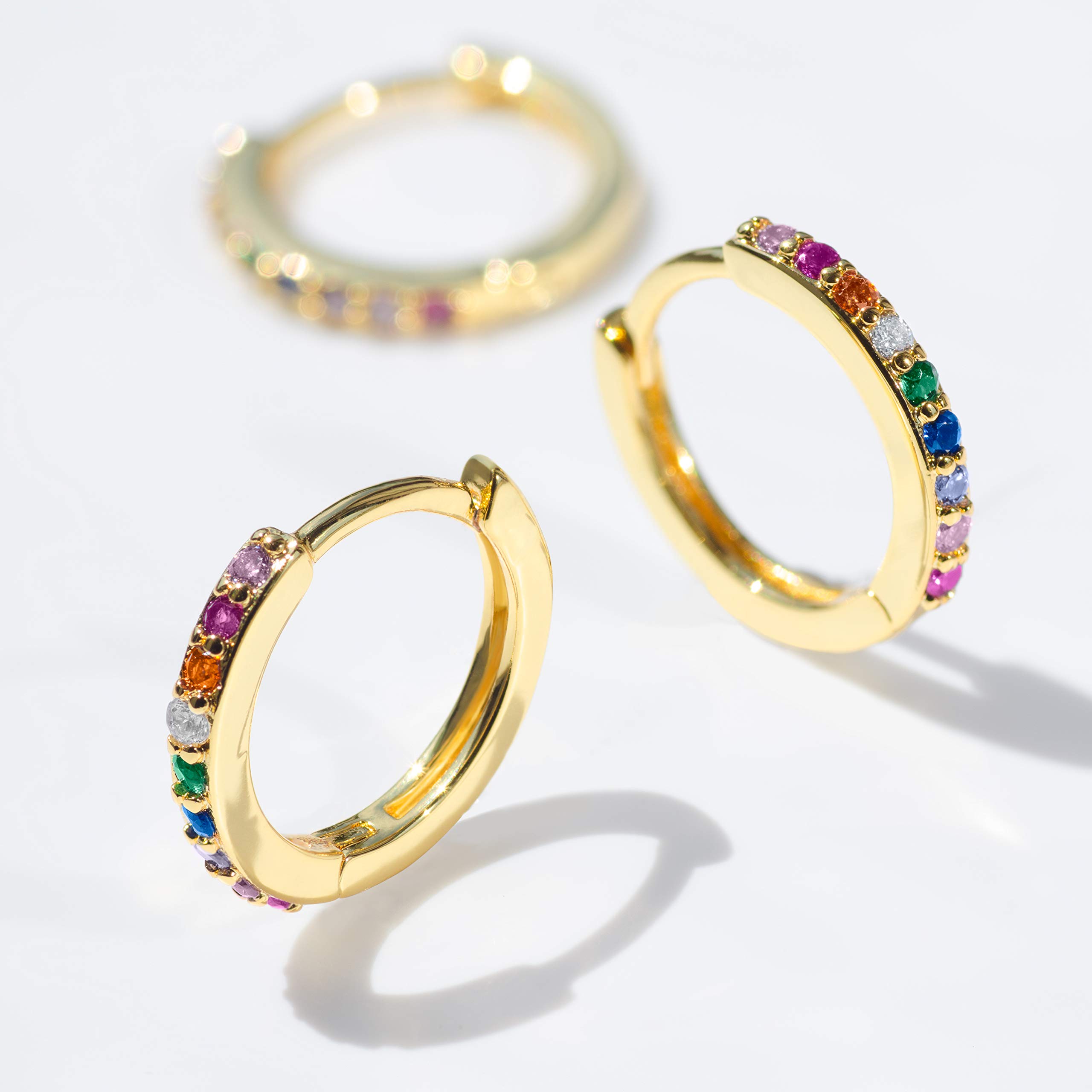 LAVLA Rainbow Pave CZ Gold Hoop Earrings for Women | Small Huggie Earrings for Cartilage, Lobe, Multiple Piercings