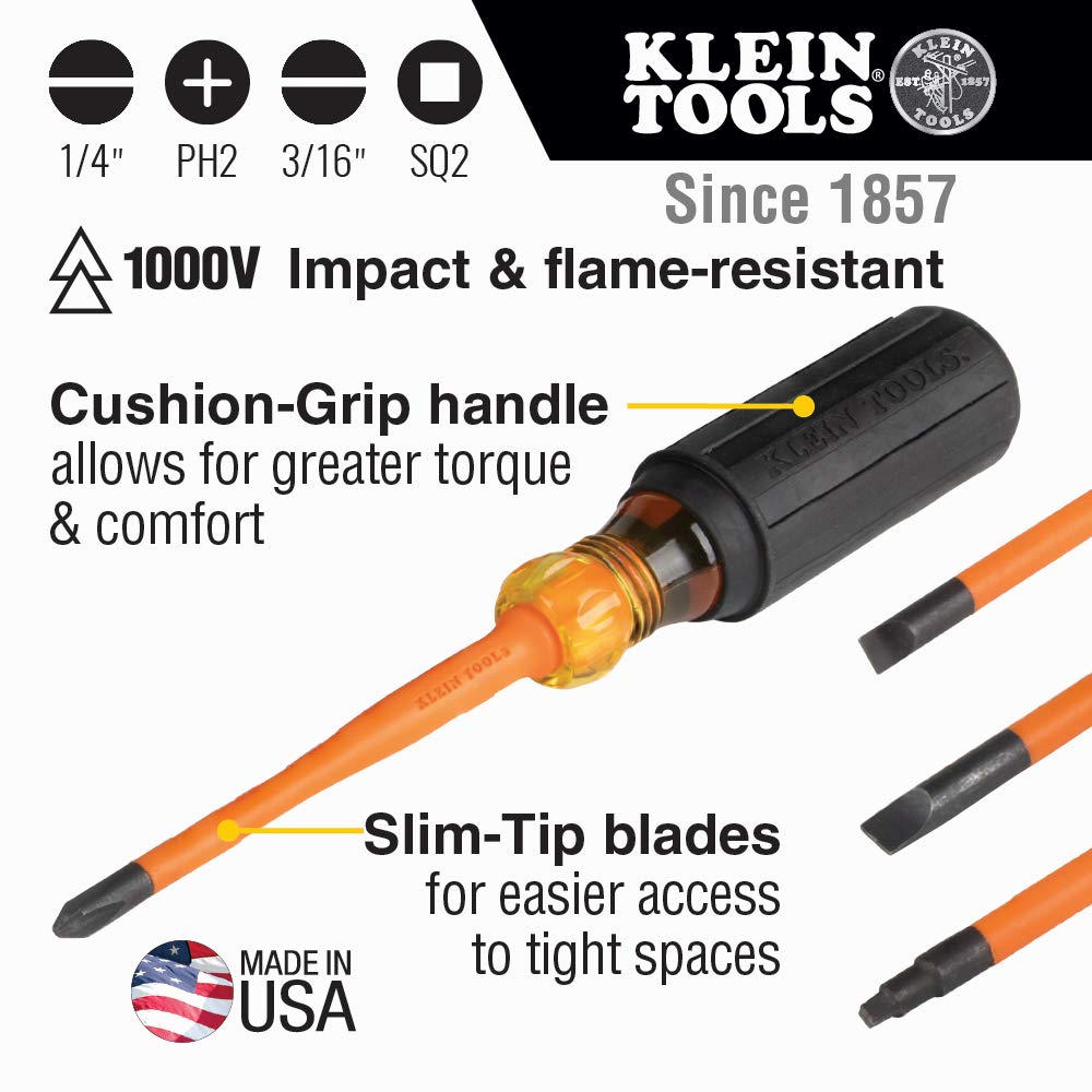 Klein Tools 33734INS 1000V Slim Tip Insulated Screwdriver Set, Phillips, Cabinet, Square Slim-Tip, Cushion Grip Handle, 4-Piece