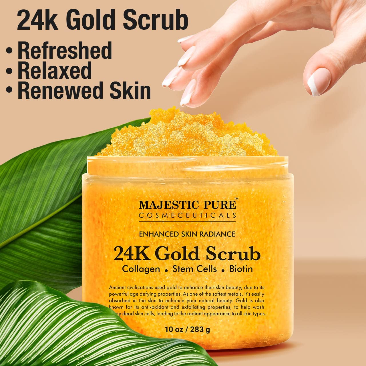 MAJESTIC PURE 24k Gold Scrub with Collagen and Biotin | Exfoliating Body Scrub for Skin Care, Stretch Marks, Acne, Cellulite | Body Scrub Exfoliator |10 oz